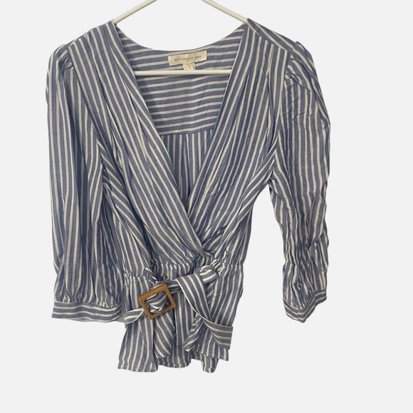 Monteau | Tops | Monteau Faux Wrap Belted Blue And White Striped Blouse ...